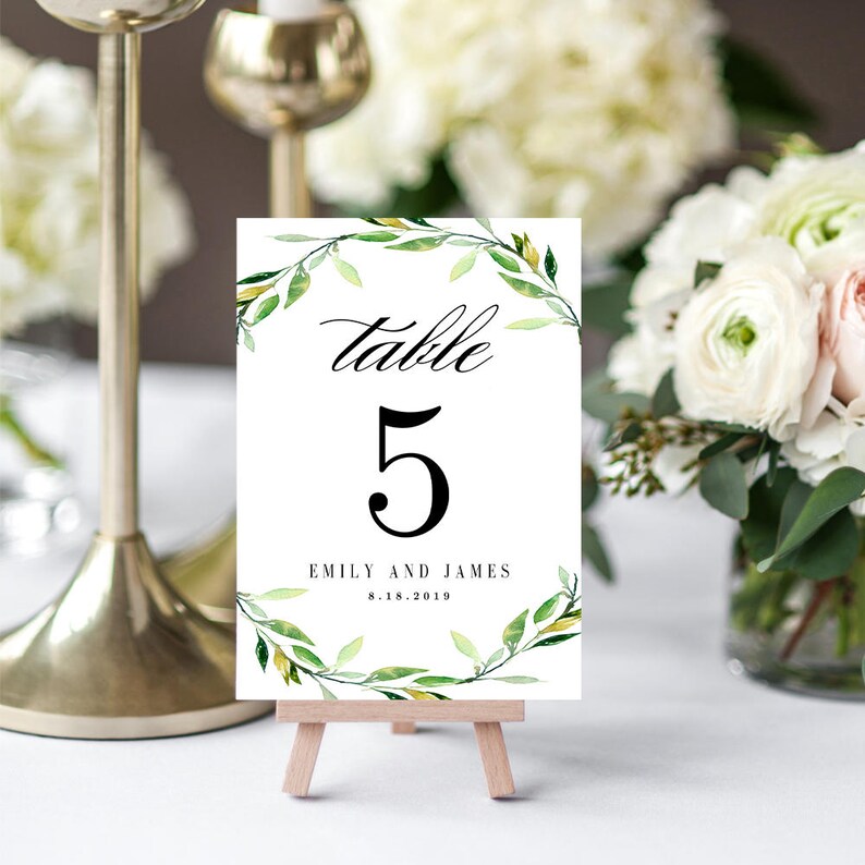 Green Foliage Printable Table Number Card Editable Template - Etsy