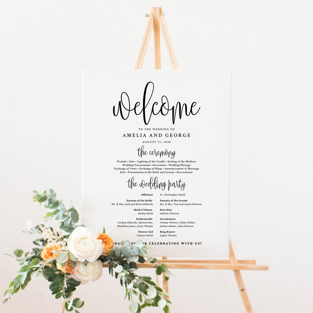 Large Wedding Program Sign Poster, Wedding Welcome Sign, Editable Canva ...