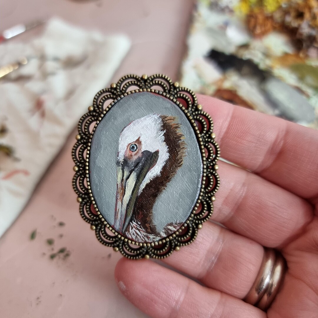 Pelican Portrait Miniature 1.6x1.18" Vintage Style Framed Bird Oil ...