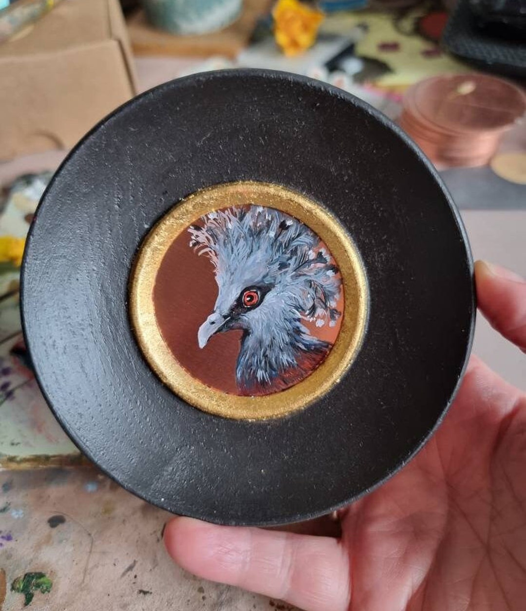 Crowned Pigeon Portrait Original Miniature on Copper Round Oil Painting ...