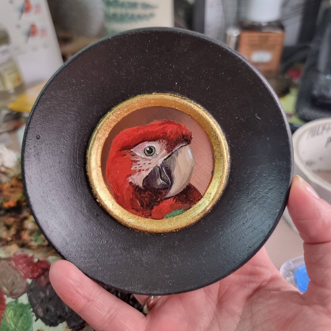 Parrot Portrait Original Miniature on Copper Round Bird Painting With ...