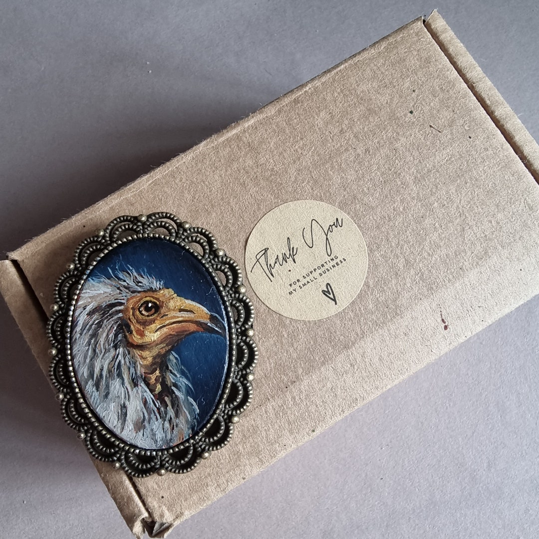 Miniature Bird Portrait 1.6x1.18" Original Egyptian Vulture Framed Oil ...