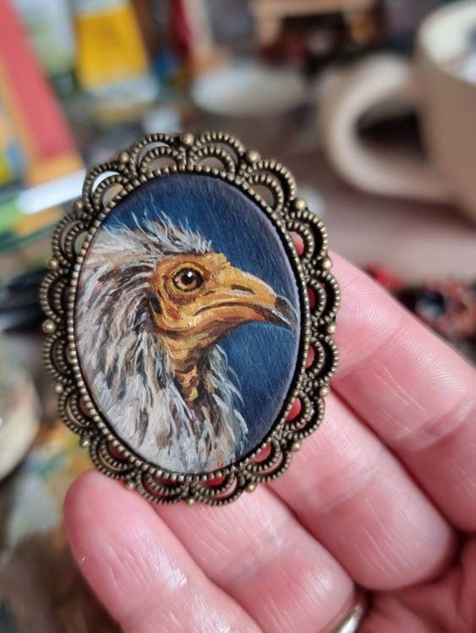 Miniature Bird Portrait 1.6x1.18" Original Egyptian Vulture Framed Oil ...
