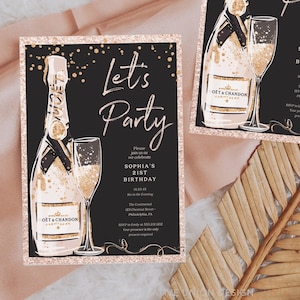 Rose Gold Champagne Birthday Invitation Template, 21st Birthday ...