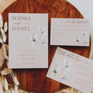 Neutral Minimal Boho Wedding Invitation Template Set, Botanical Floral ...