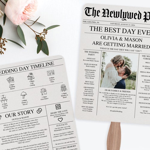 Newspaper Wedding Program Fan With Timeline Printable Program | Etsy