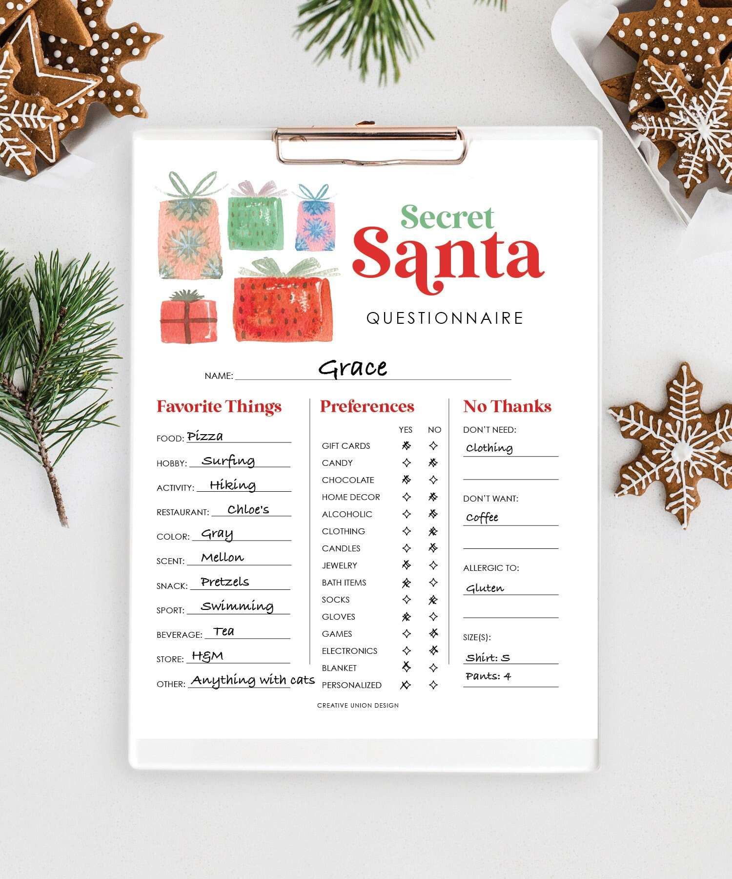 Printable Retro Secret Santa Gift Exchange Questionnaire, Christmas ...