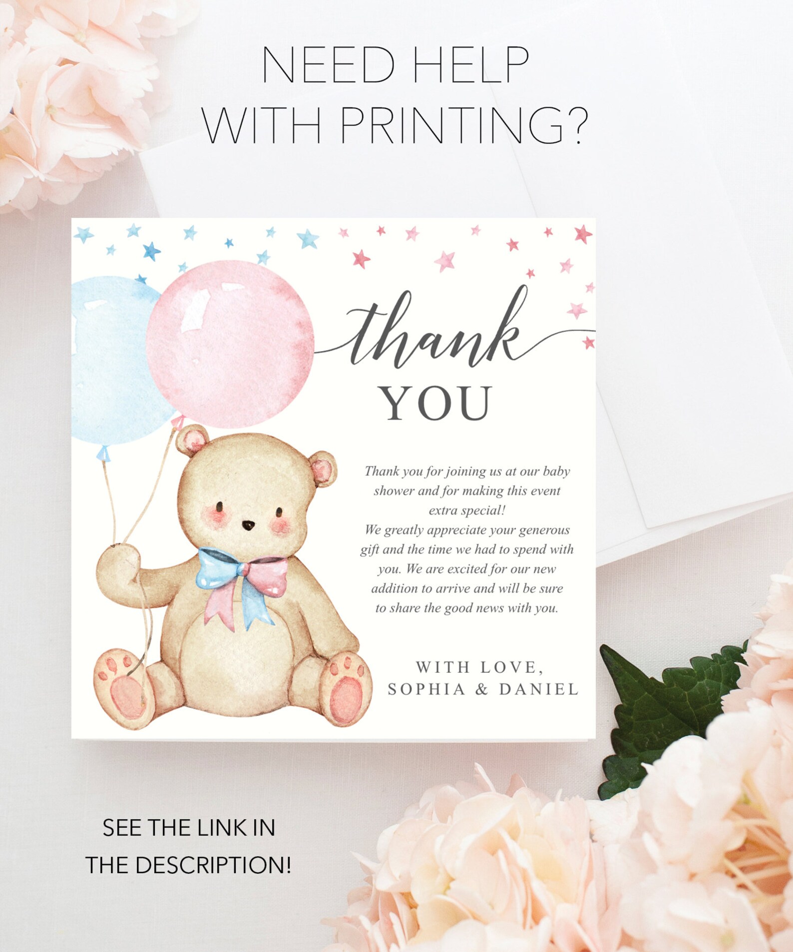 Gender Reveal Thank You Card Template Printable Teddy Bear - Etsy