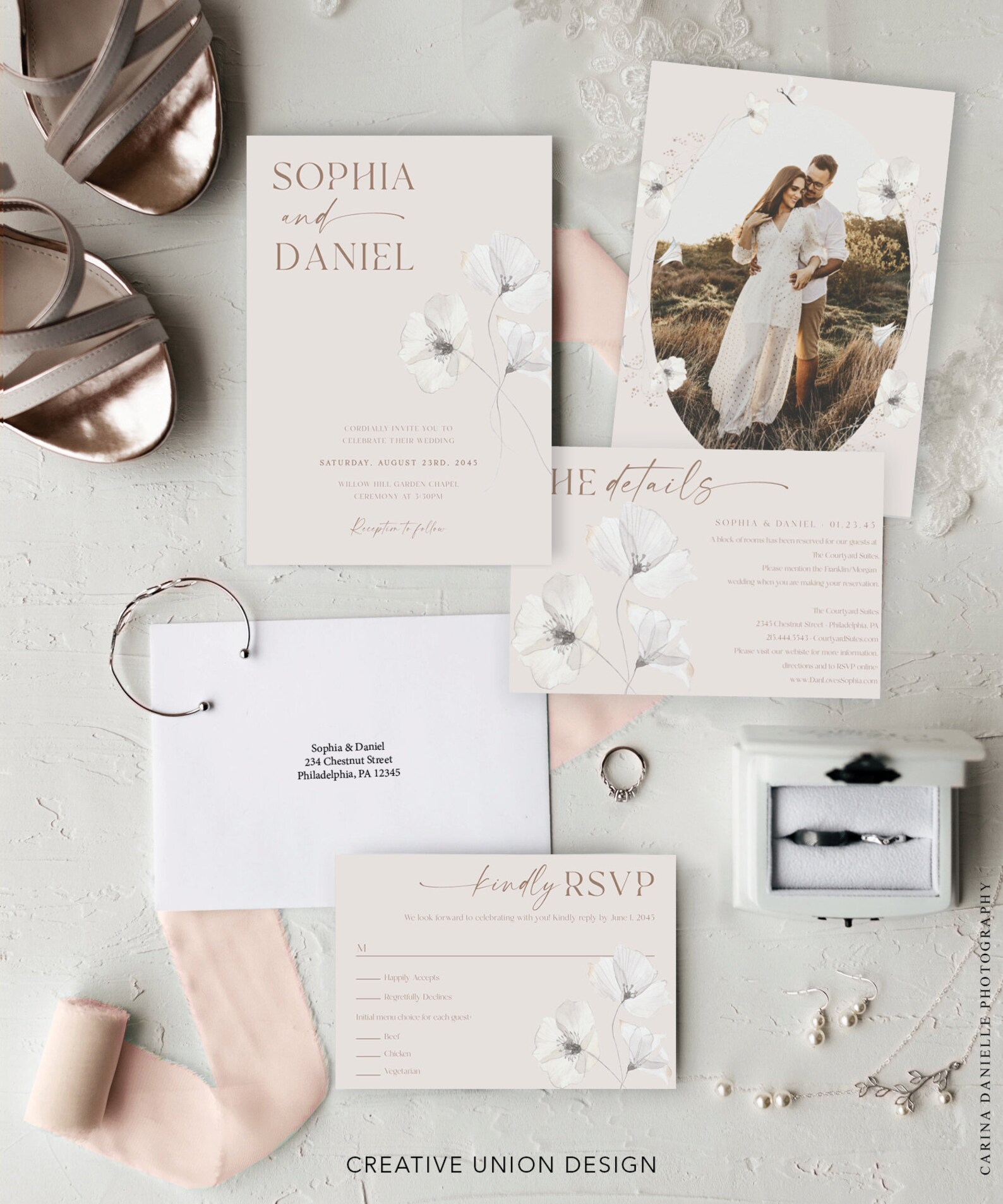 Neutral Minimal Boho Wedding Invitation Template Set, Botanical Floral Wedding Invitation ...