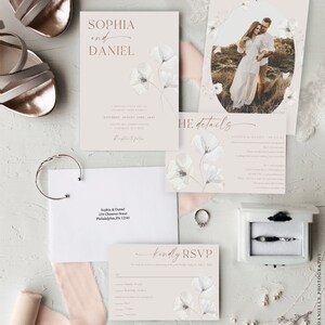 Neutral Minimal Boho Wedding Invitation Template Set, Botanical Floral ...