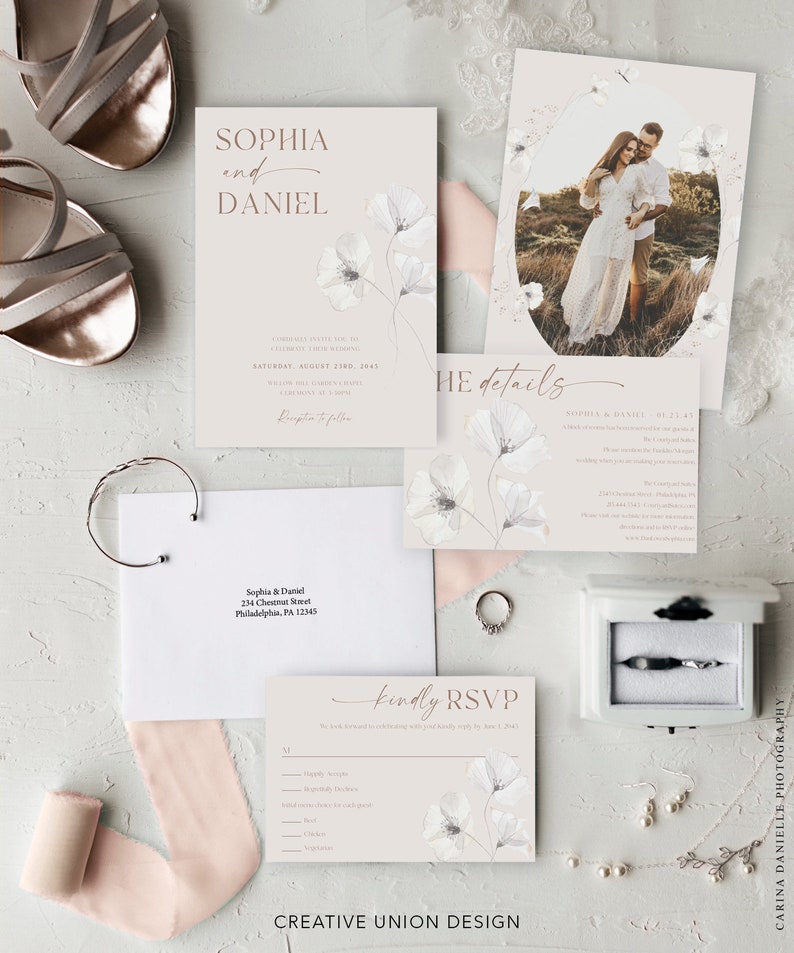 Neutral Minimal Boho Wedding Invitation Template Set, Botanical Floral Wedding Invitation ...