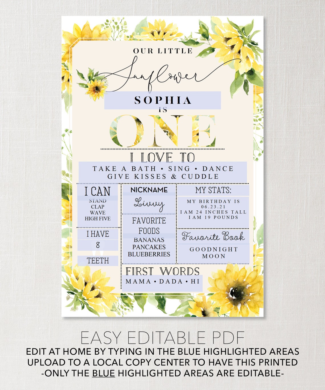 Editable Sunflowers Birthday Milestone Sign First Birthday - Etsy