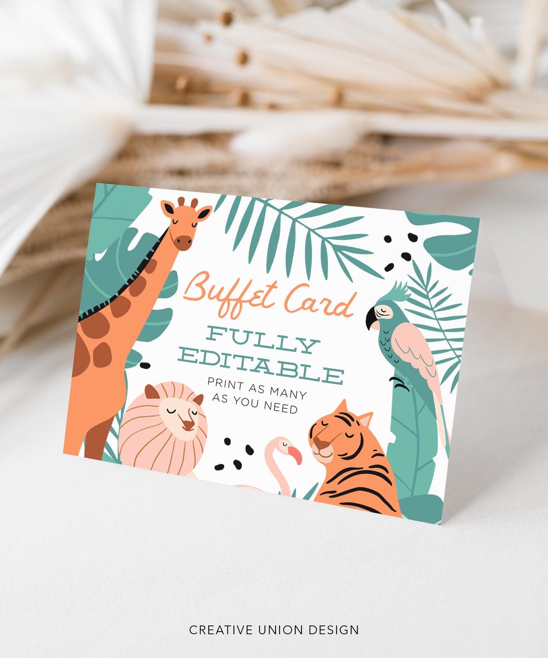 Modern Safari Animal Buffet Card Template Food Label 1st Birthday ...