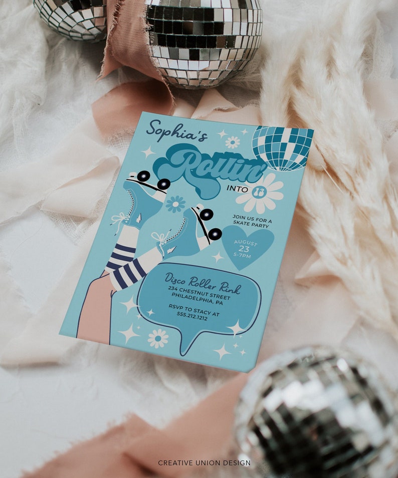 Roller Disco Skate Party Invitation Template, Blue Retro Roller Skating ...