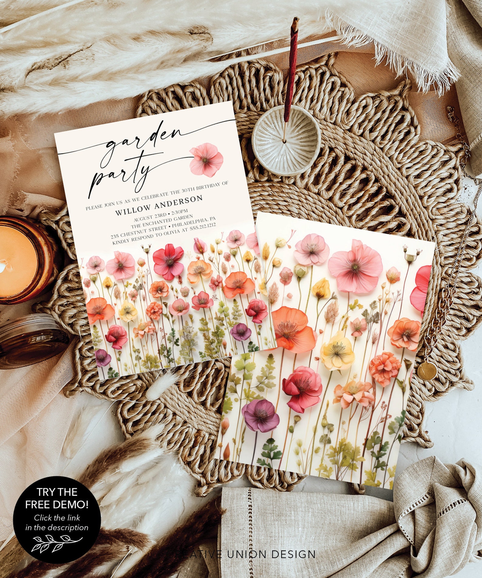 Garden Party, Wildflower Birthday Party Invite Template, Flower Stems ...