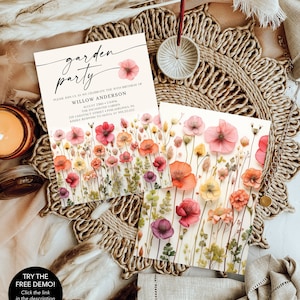 Garden Party, Wildflower Birthday Party Invite Template, Flower Stems ...