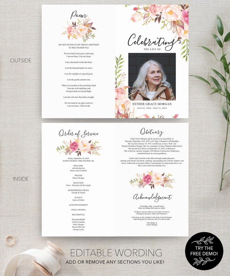 Funeral Program Template for Woman Printable Memorial - Etsy
