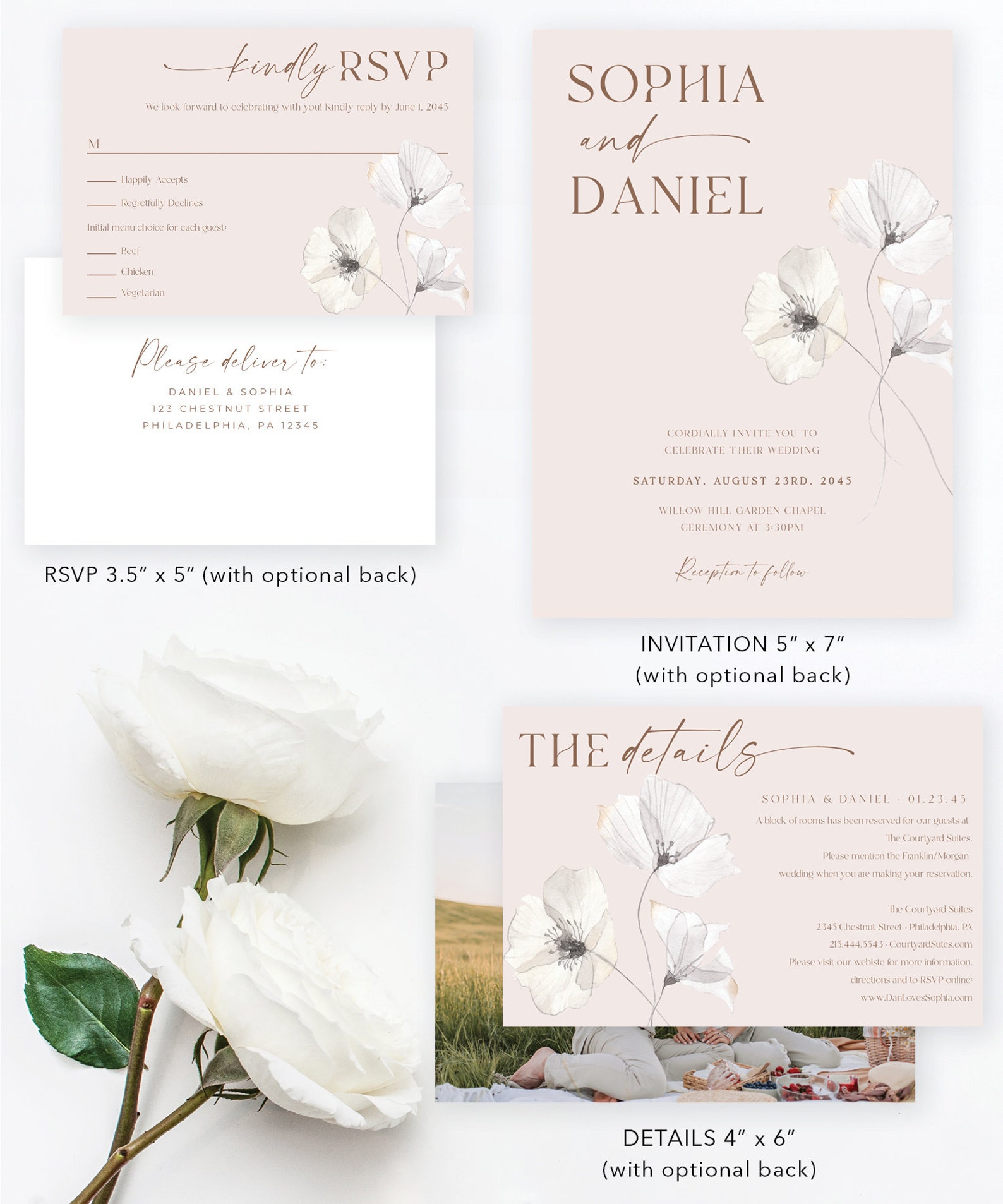 Neutral Minimal Boho Wedding Invitation Template Set, Botanical Floral Wedding Invitation ...