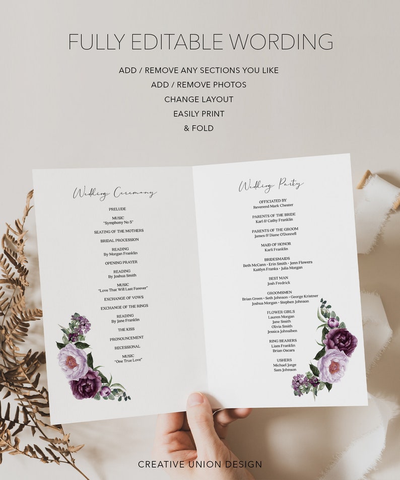Folded Wedding Program Template, Printable Wedding Program, Editable ...