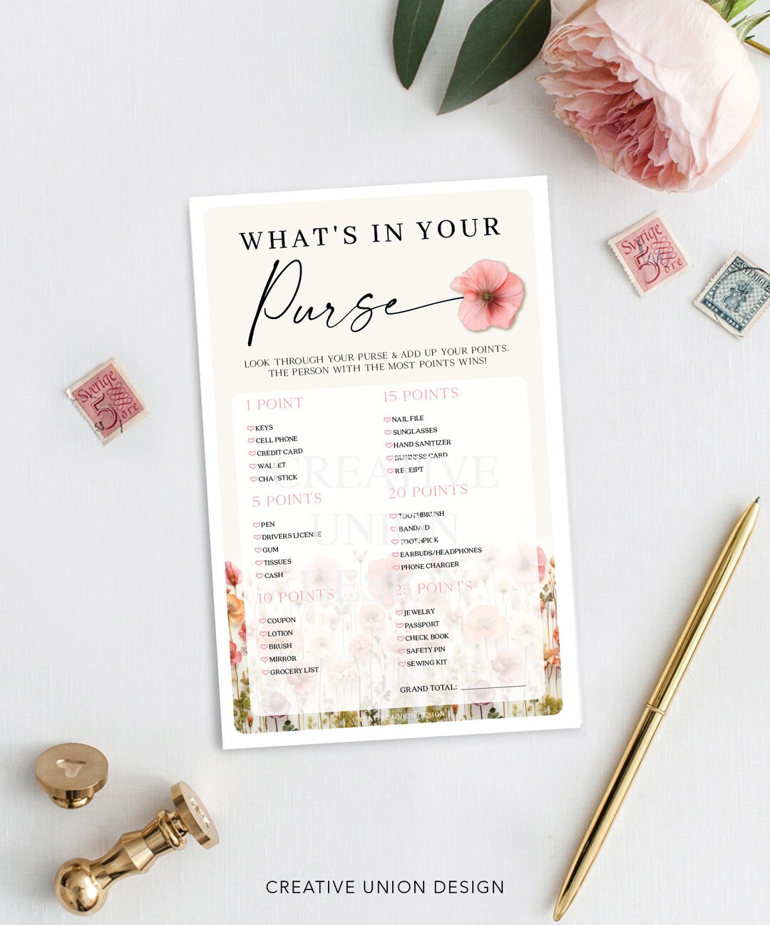 Wildflower Bridal Shower Game, What's in Your Purse, Baby Shower Game ...