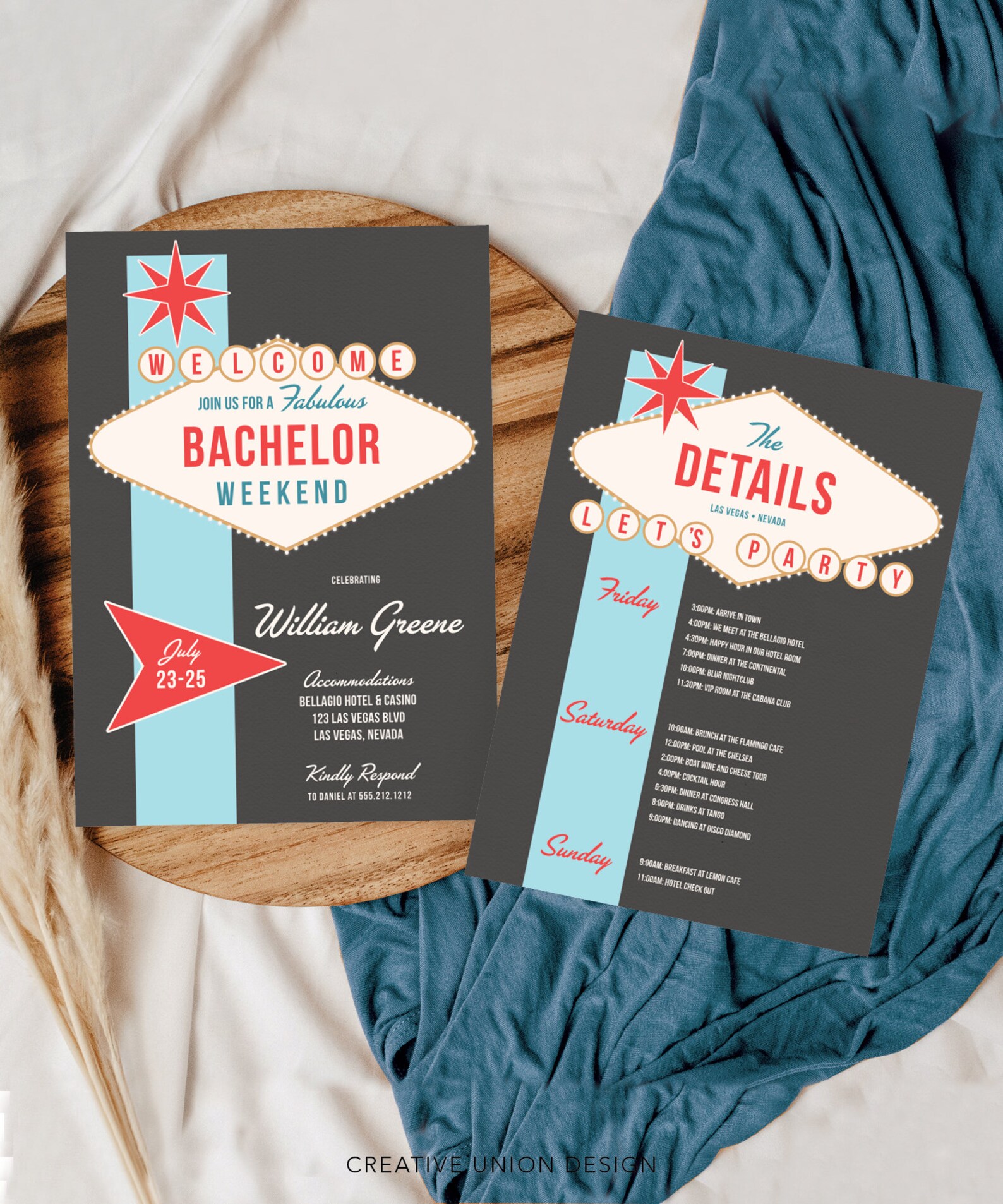 Vintage Las Vegas Bachelor Weekend Invitation and Itinerary Modern ...