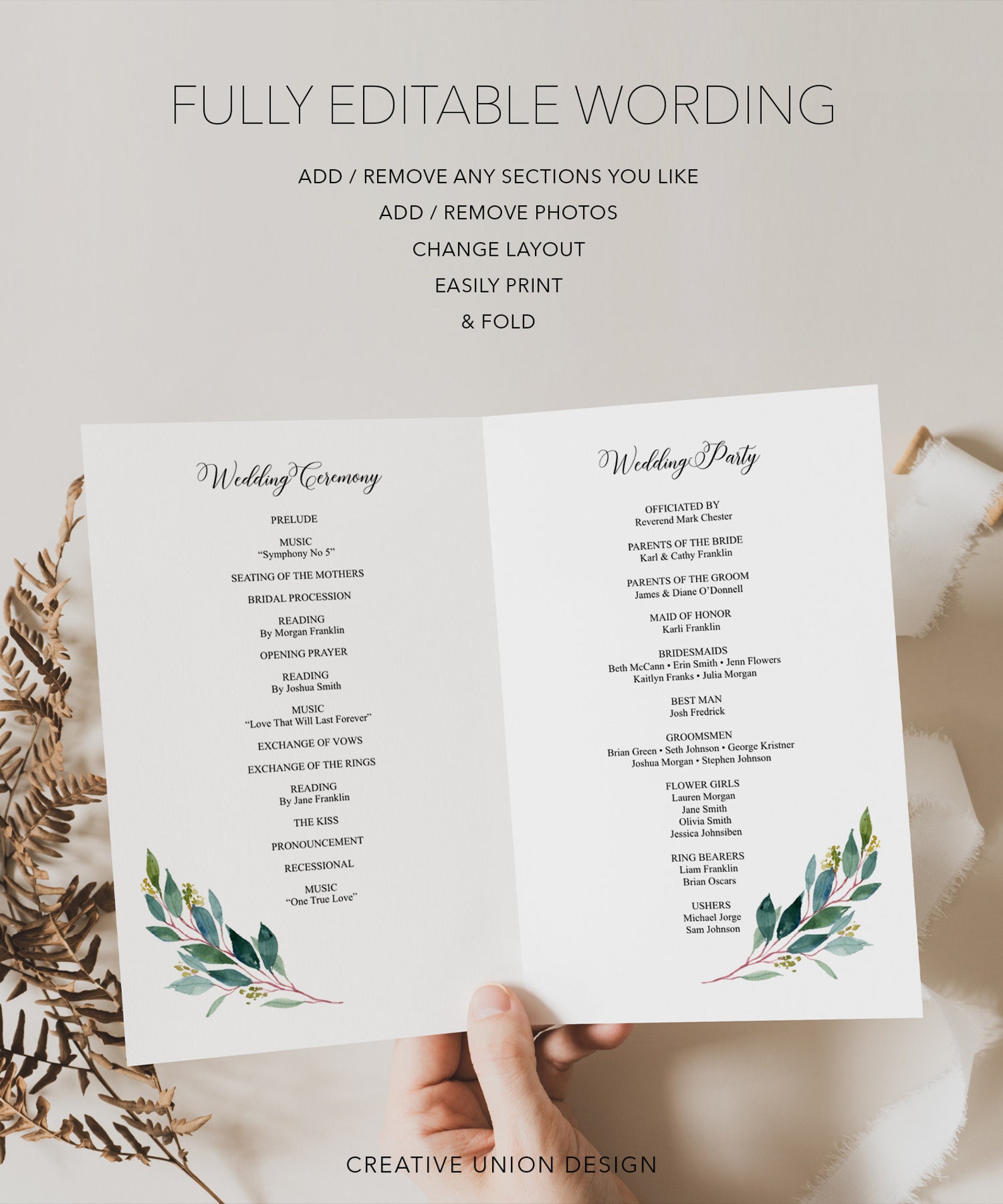 Folded Wedding Program Template Printable Greenery Wedding | Etsy