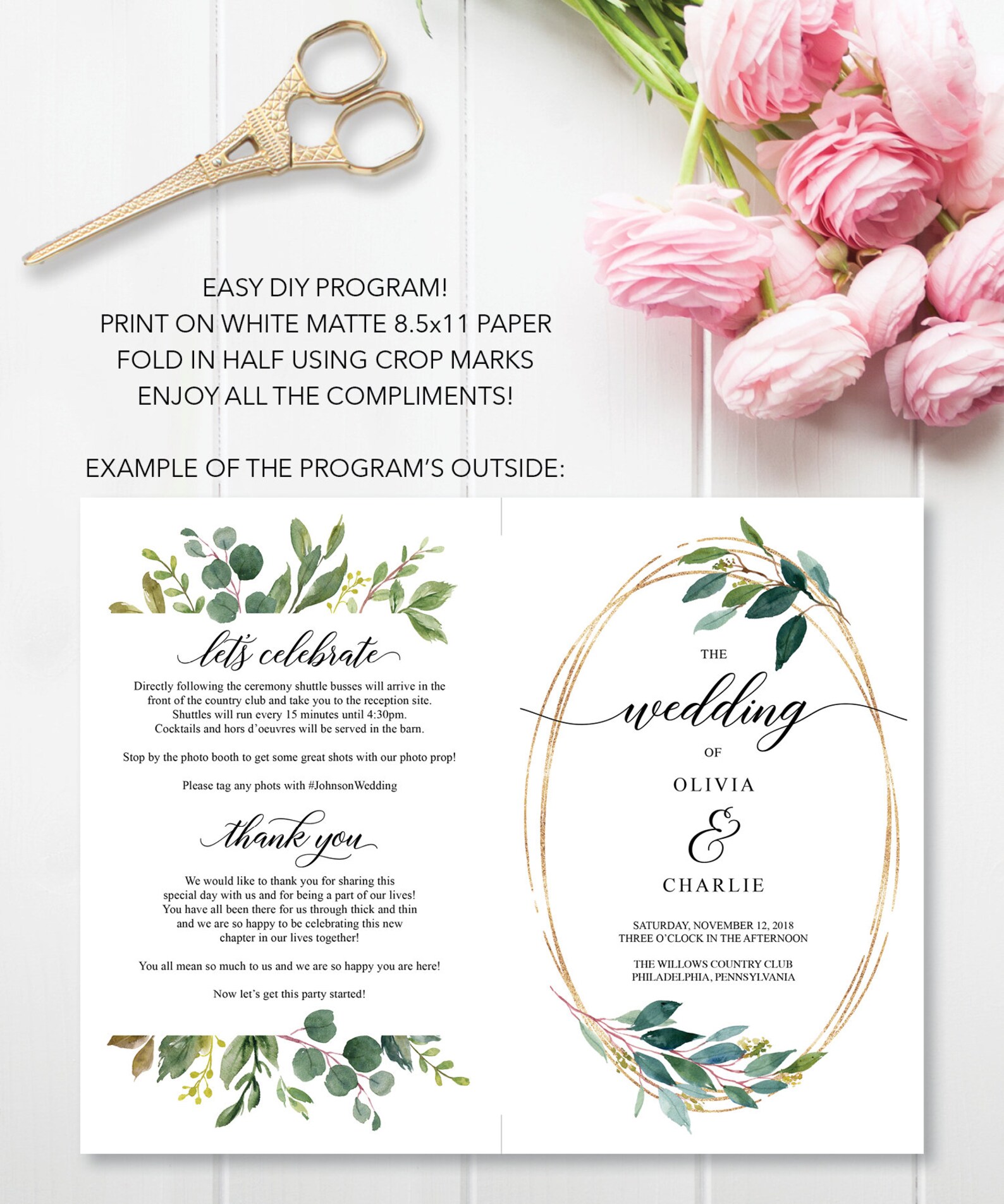 Folded Wedding Program Template Printable Greenery Wedding | Etsy