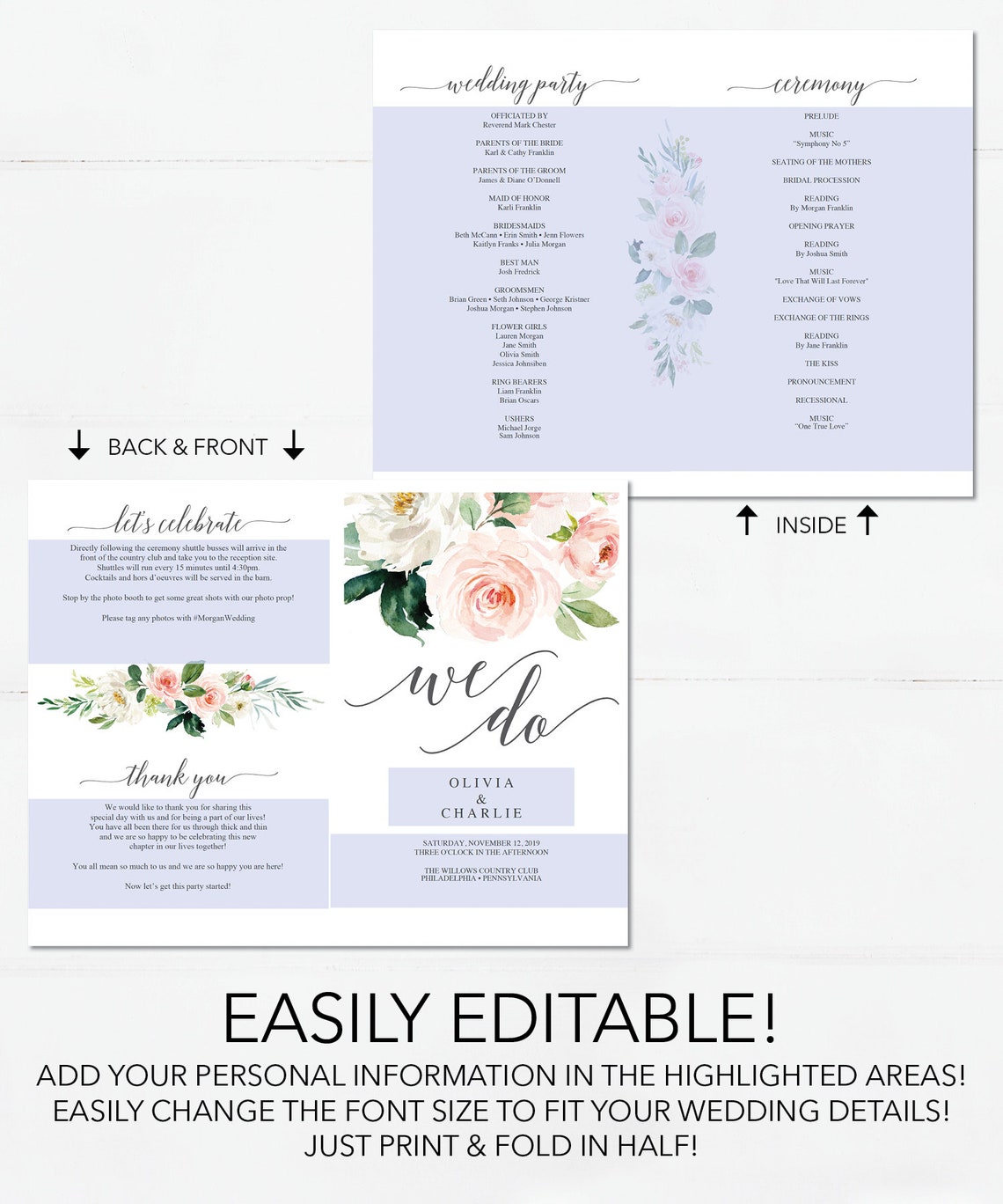 Folded Wedding Program Template Printable Wedding Program | Etsy