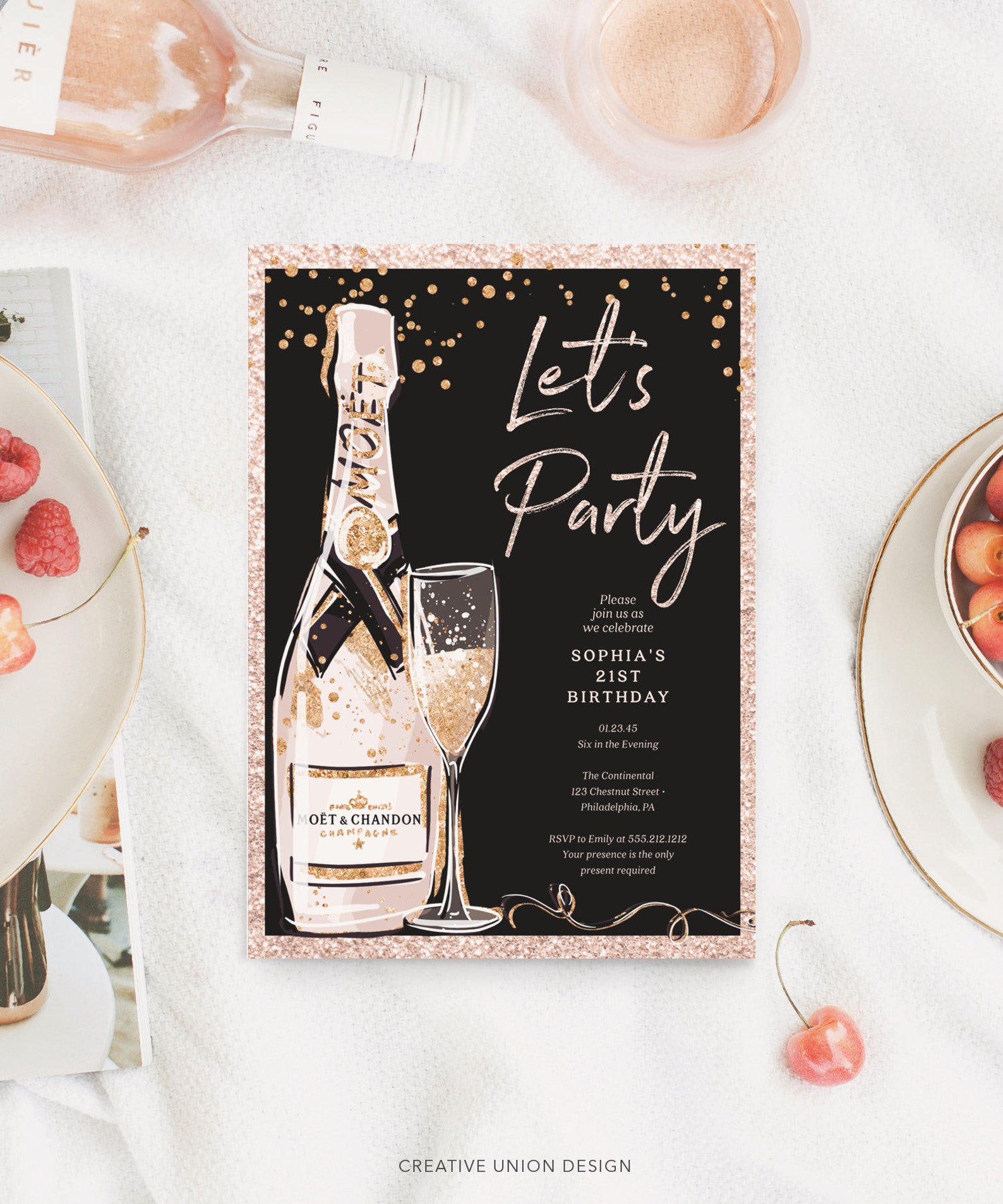 Rose Gold Champagne Birthday Invitation Template 21st - Etsy
