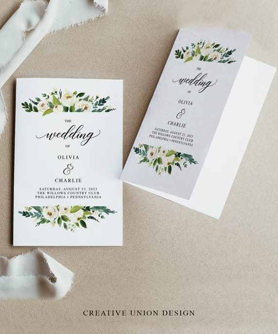 Folded Wedding Program Template - Printable Greenery Wedding Program ...