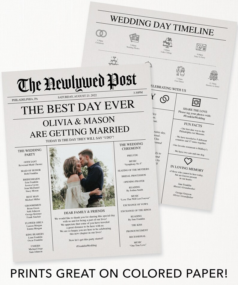 Newspaper Wedding Program with Timeline Printable Wedding | Etsy