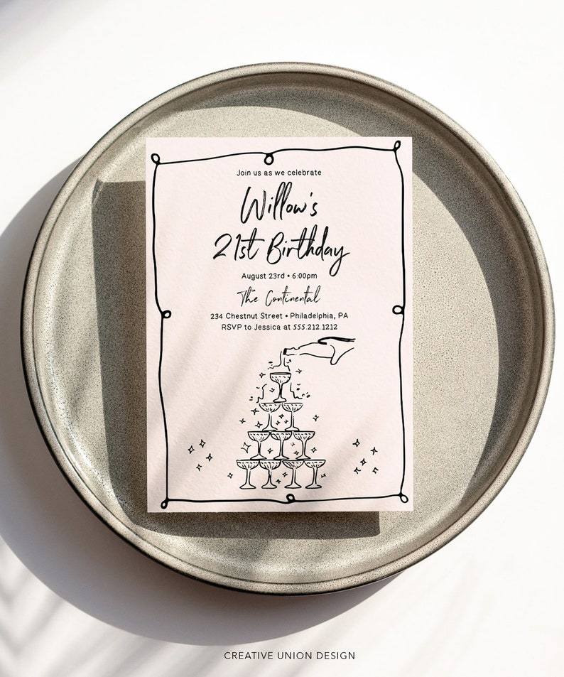 Birthday Dinner Invitation Template, Hand Drawn Birthday Party Invite ...