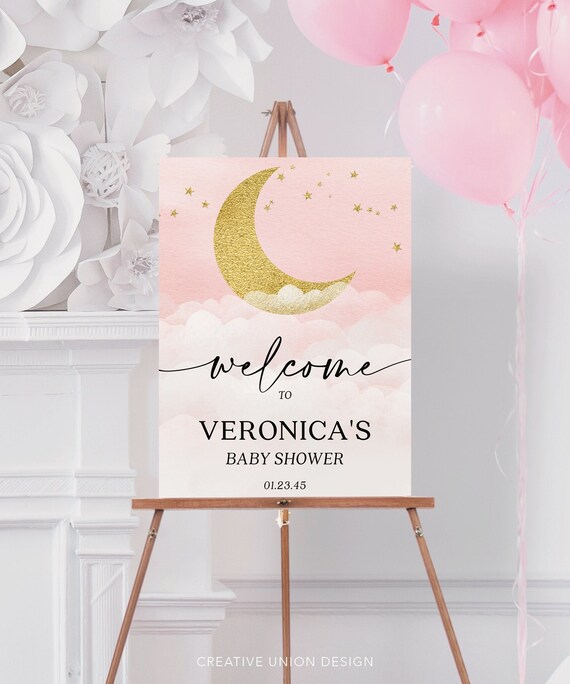 Girl Baby Shower Welcome Sign Template, Over The Moon Welcome Sign ...