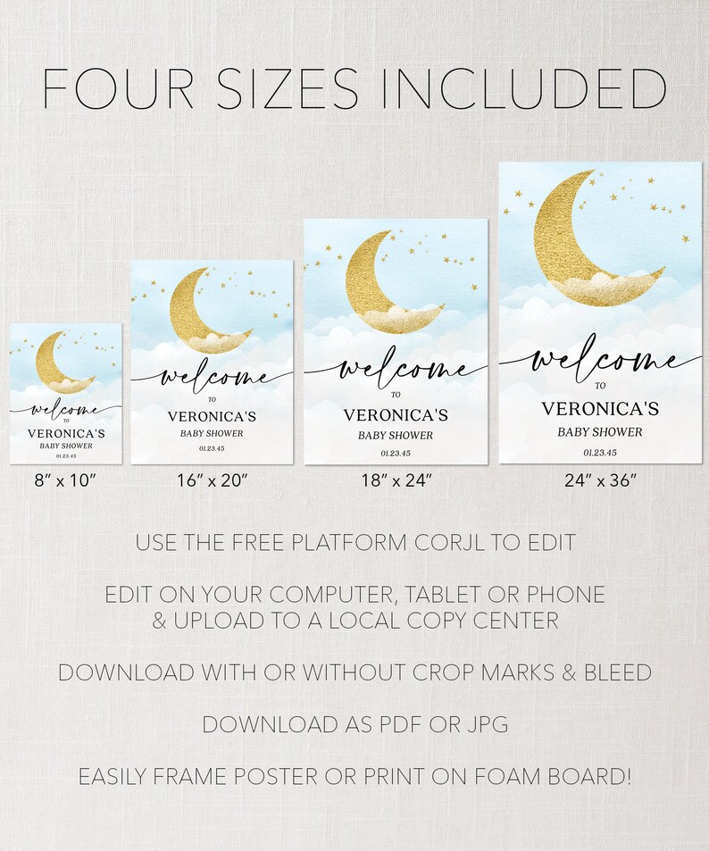 Editable Boy Baby Shower Welcome Sign Over the Moon Welcome - Etsy