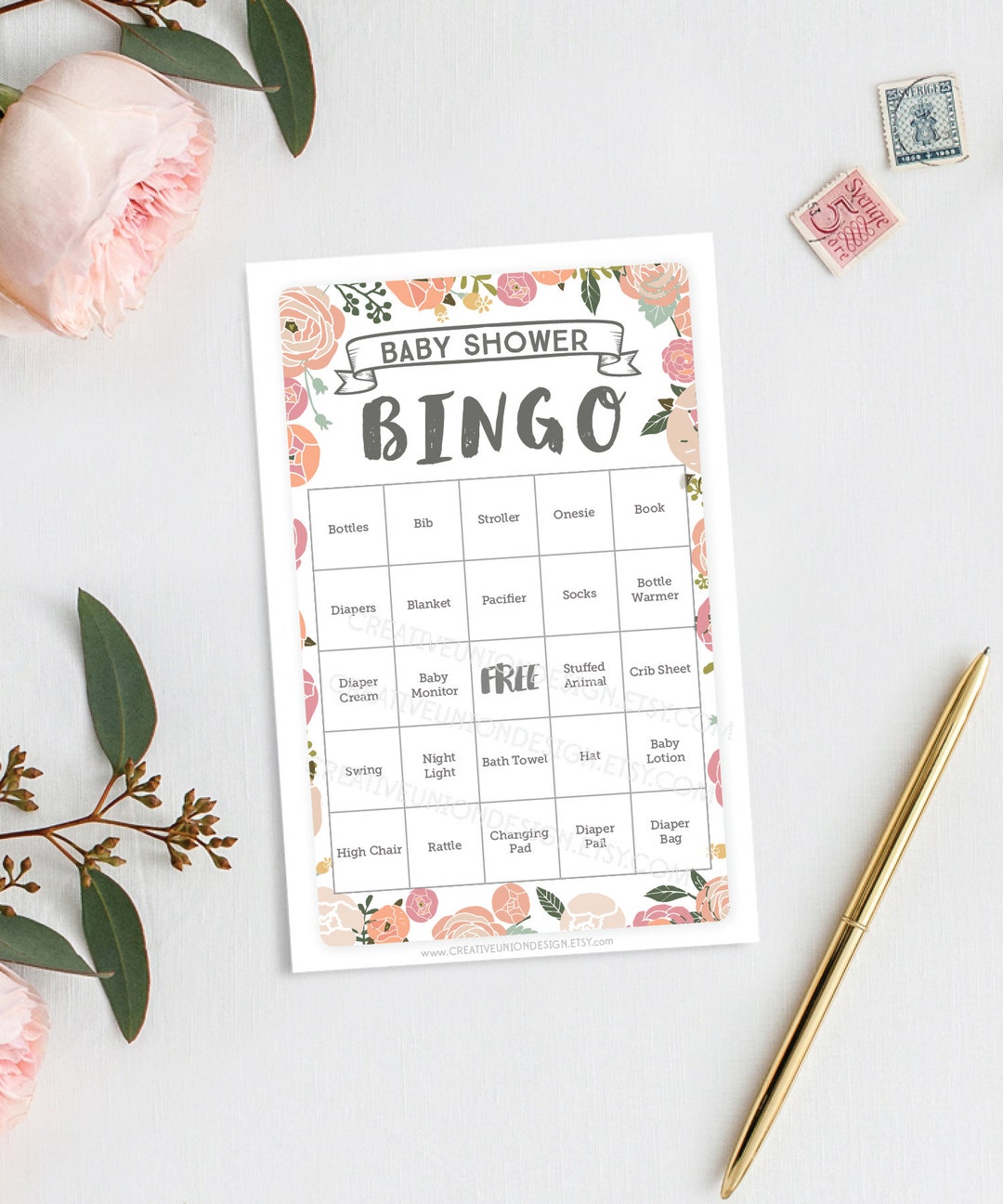 Vintage Rose Baby Shower Bingo - 50 Unique Game Sheets - Baby Shower ...