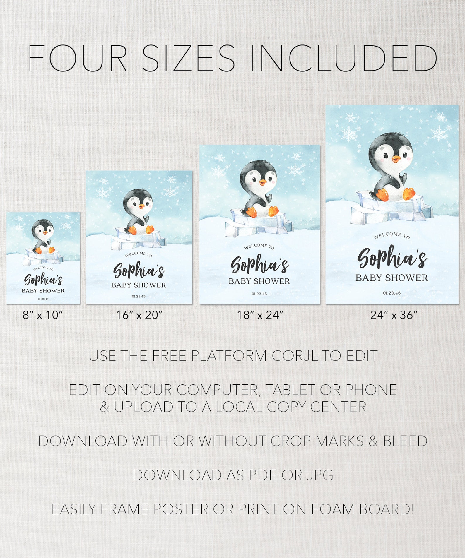 Boy Baby Shower Welcome Sign Template, Penguin Welcome Sign, Baby ...