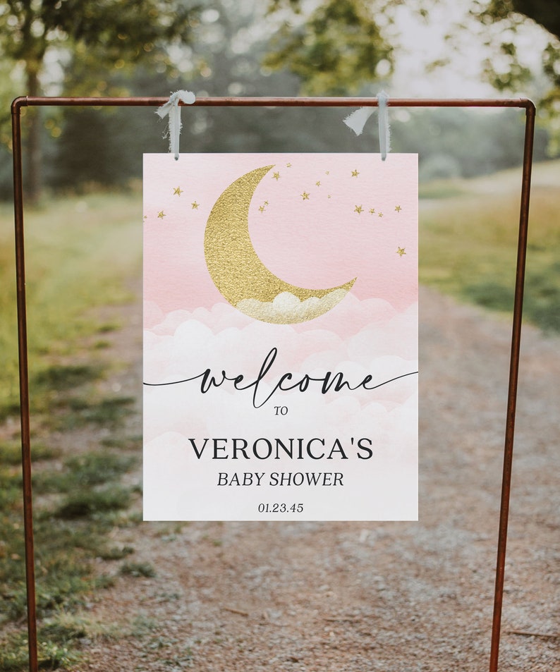 Girl Baby Shower Welcome Sign Template Over the Moon Welcome - Etsy