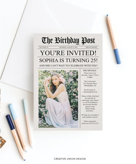 Newspaper Birthday Party Invitation Template Birthday Invite - Etsy