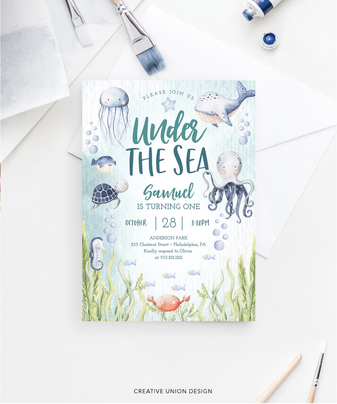 Under the Sea Birthday Invitation: Watercolor Ocean Animals (digital ...