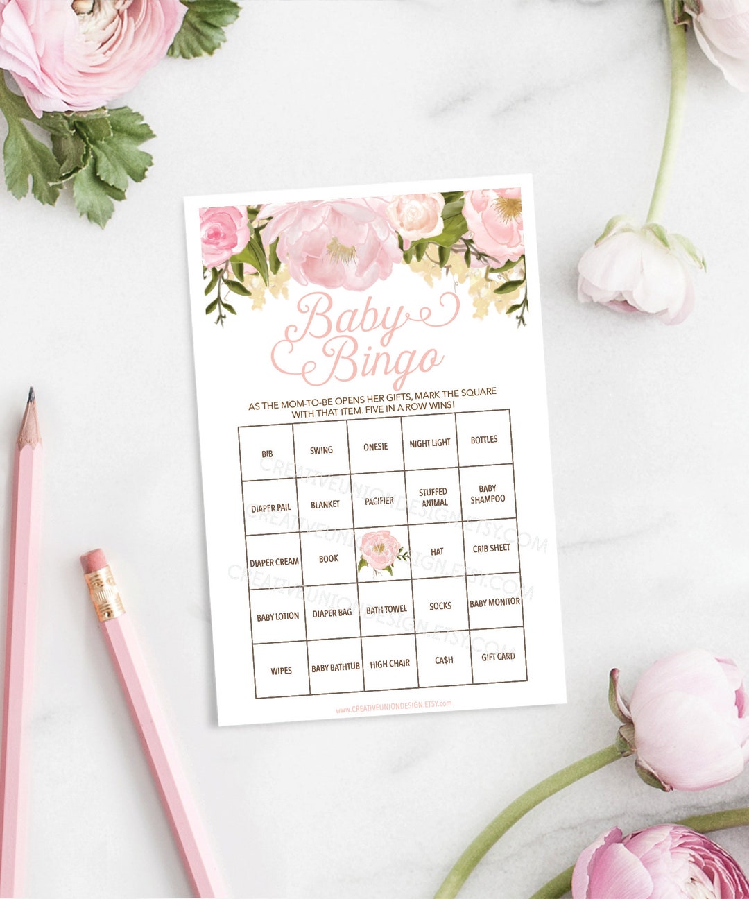 Pink Peony Baby Shower Bingo - 60 Unique Game Sheets - Baby Shower ...