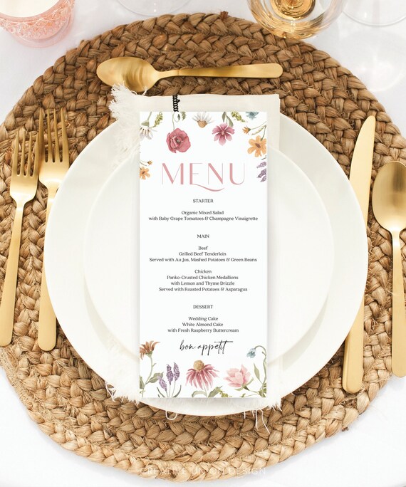 Wildflower Menu Card Template, Printable Menu, Floral Boho Menu, Bridal ...
