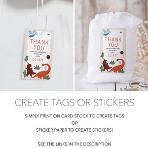 Cute Dinosaur Birthday Tag, First Birthday Party Favors, Editable Thank ...
