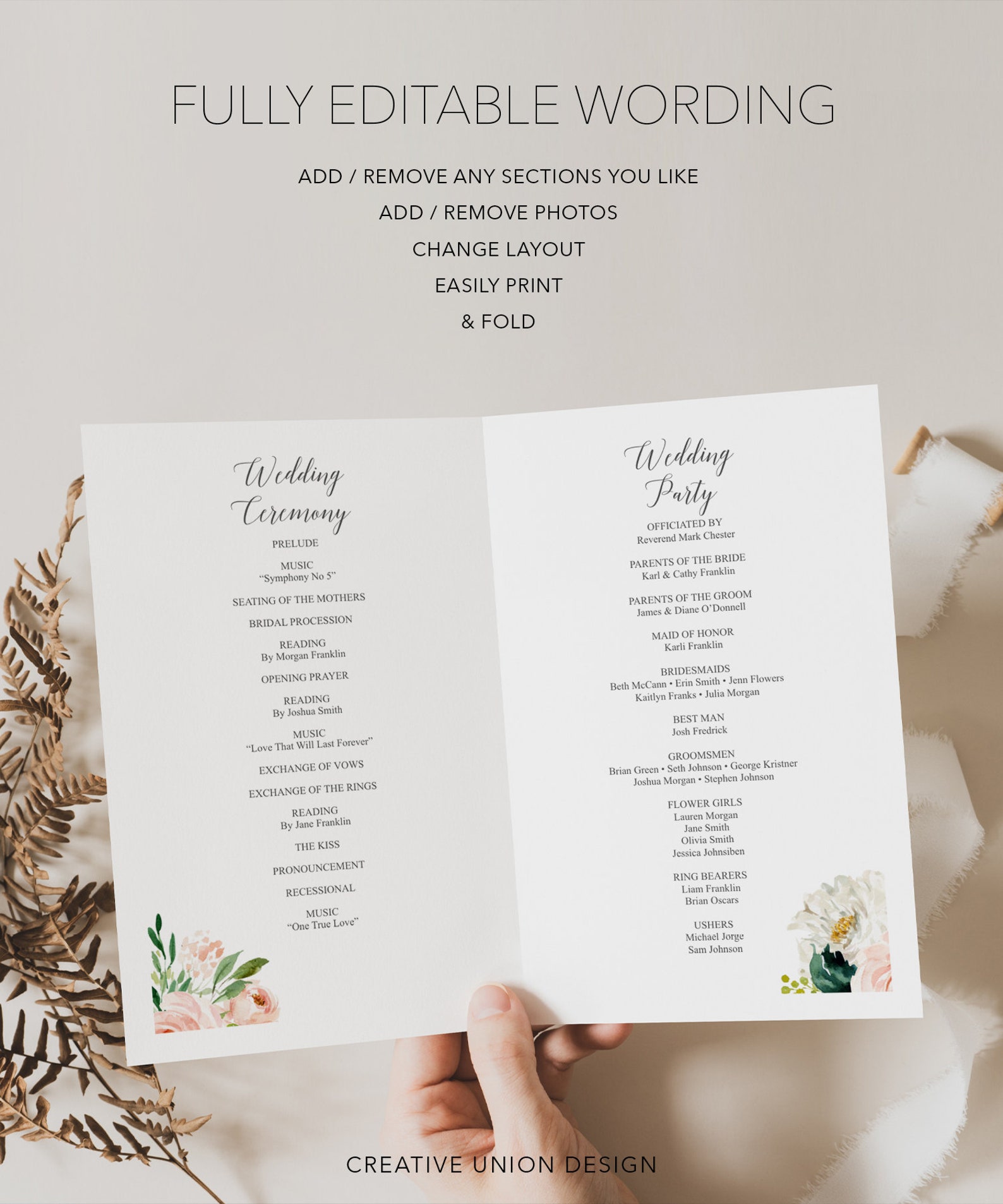 Folded Wedding Program Template, Printable Wedding Programs, Editable ...