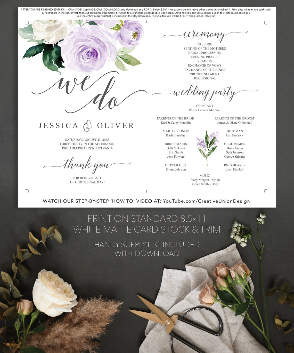 Wedding Program Fan Template Editable Program Fan Printable - Etsy