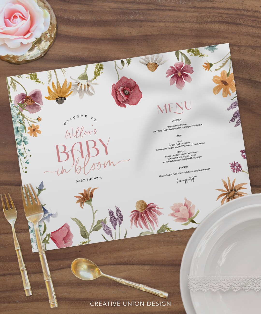 Placemat Template, Wildflower Field Printable Dinner Menu Template ...
