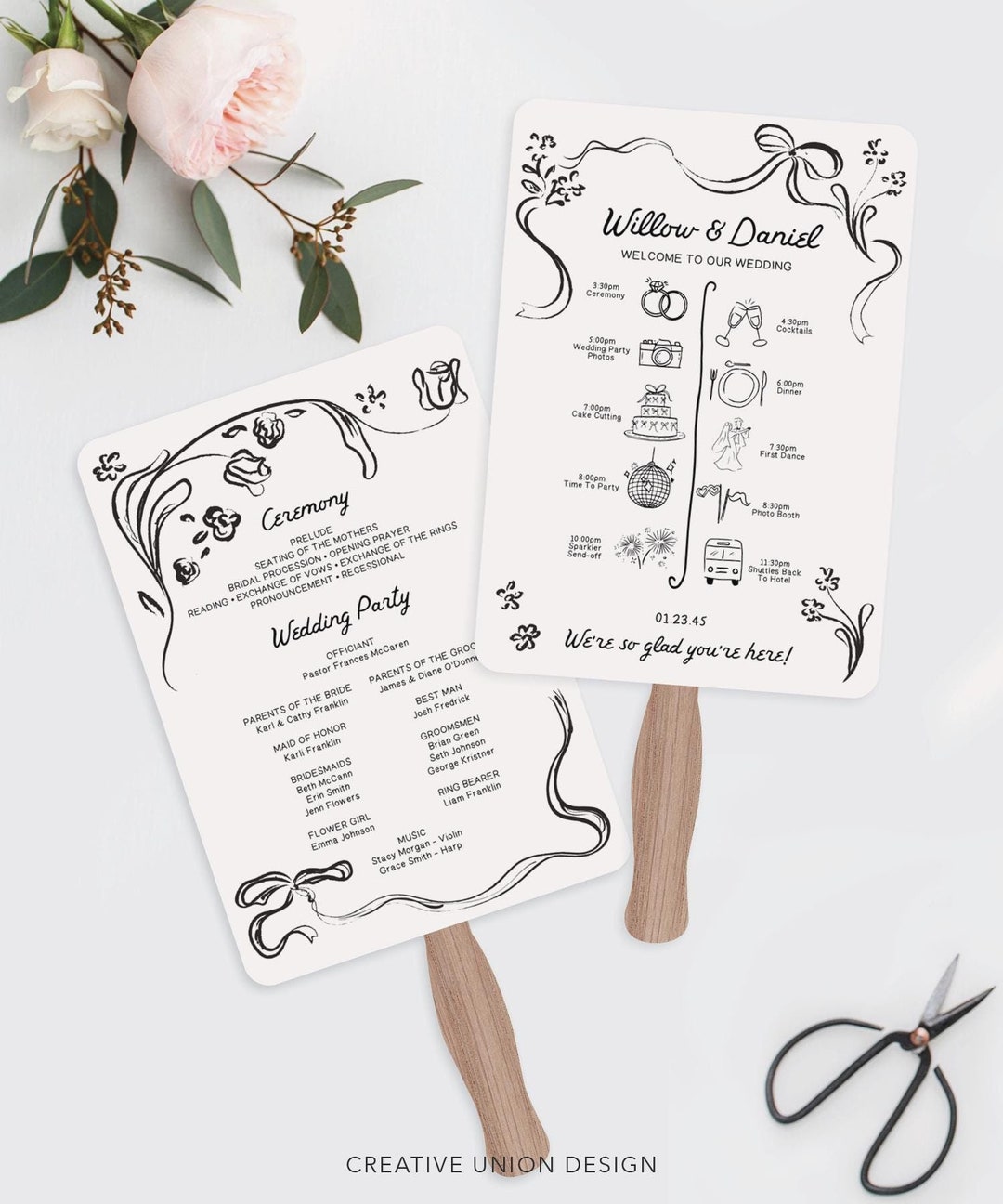 Hand Drawn Wedding Timeline Program Fan, Printable Program Fan Template ...