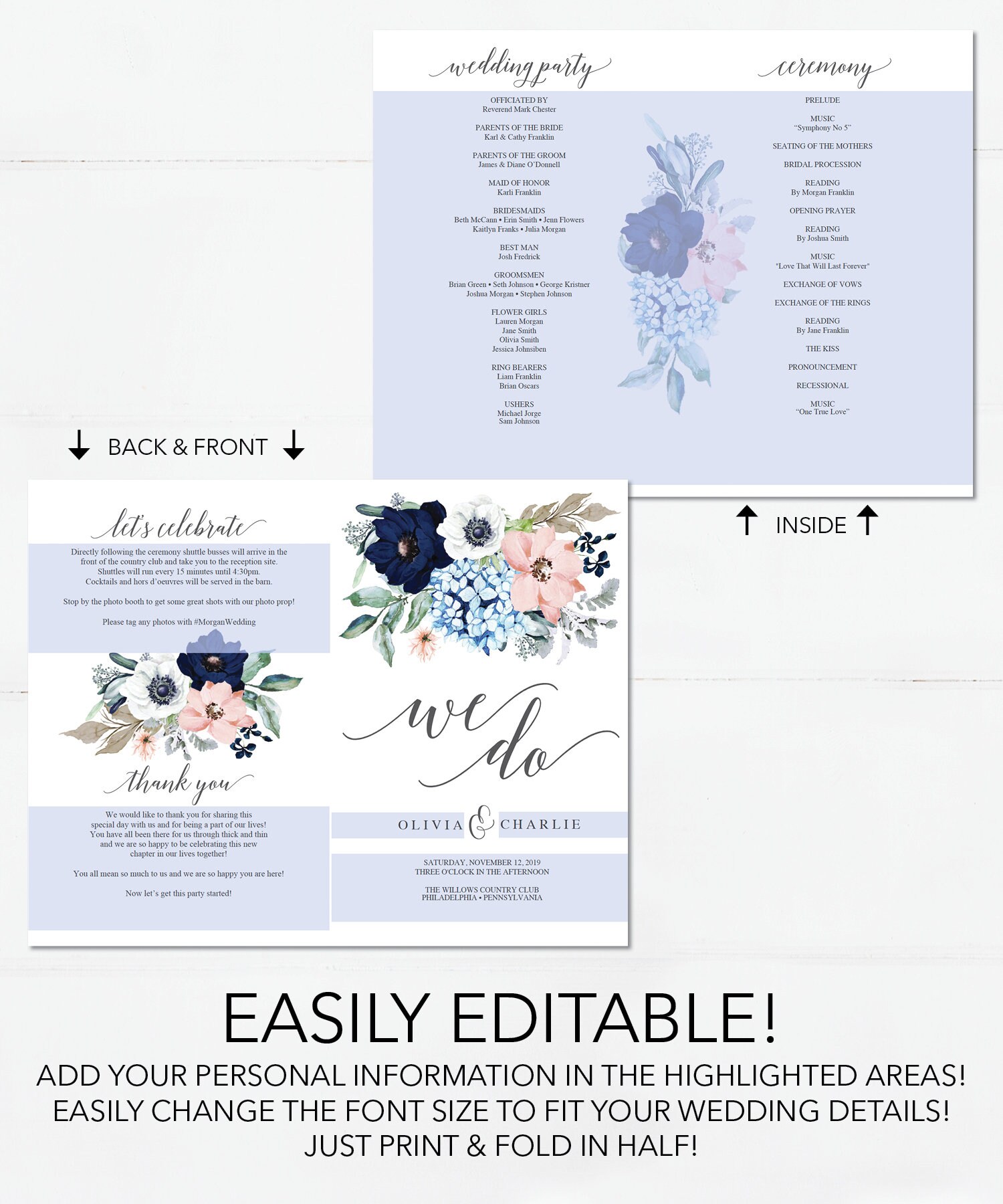 Folded Wedding Program Template Printable Wedding Program | Etsy
