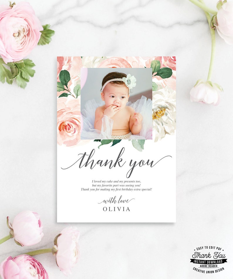 Thank You Card With Photo First Birthday Thank You Note | Etsy