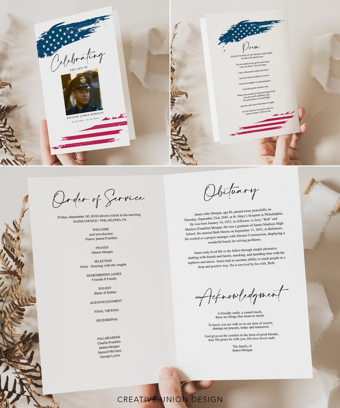 American Flag Funeral Program Template for Service Members, Veteran ...