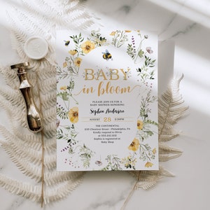 Yellow Wildflower Baby Shower Invite Template, Printable Bee Baby ...